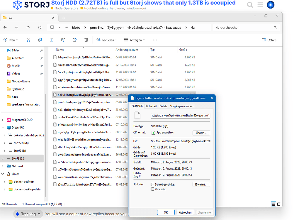 Storj HDD (2.72TB) is full but Storj shows that only 1.3TB is occupied - troubleshooting - Storj ...